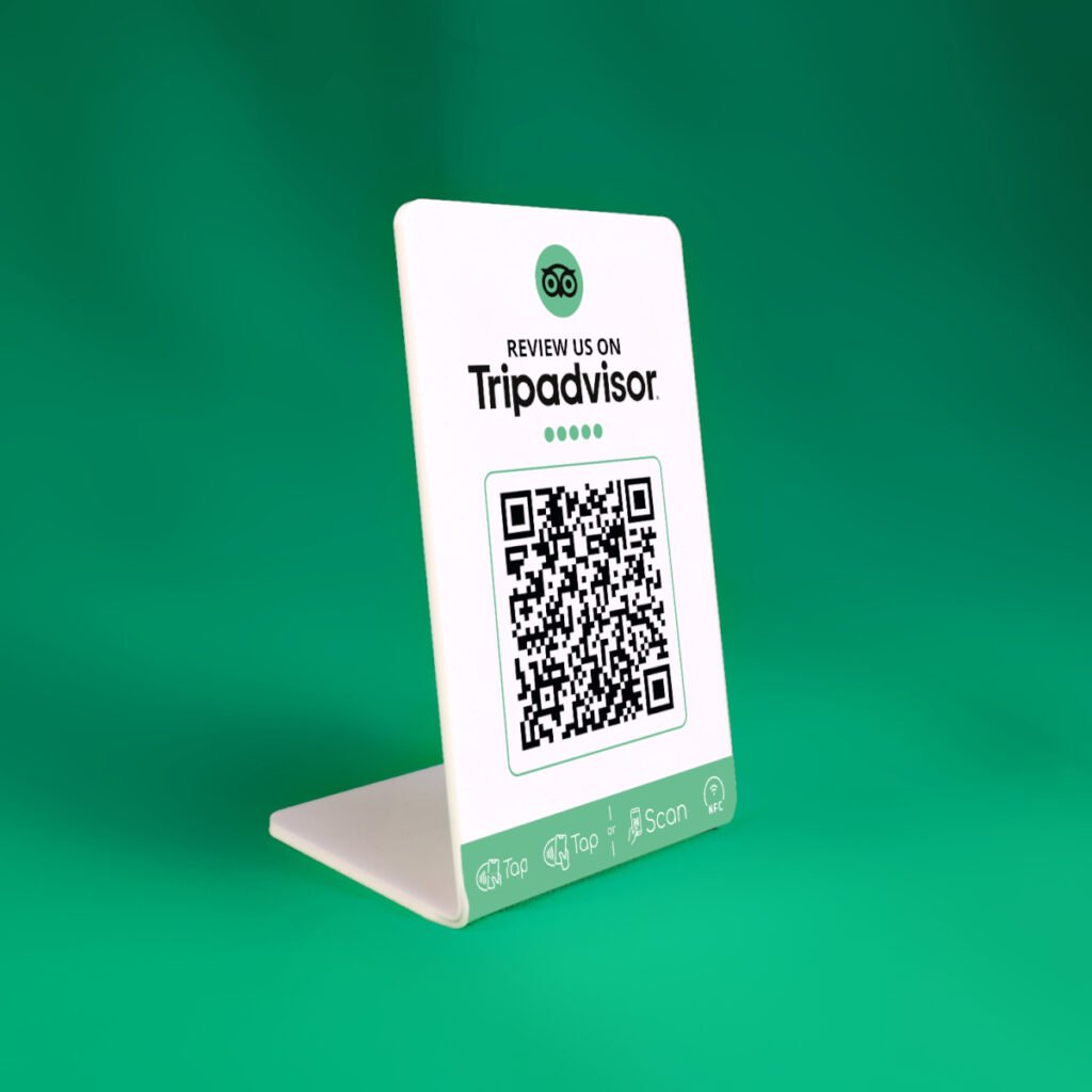 Review Us on TripAdvisor NFC Stand Display with QR Code - Virtual Card